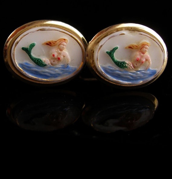 Mermaid Cufflinks Vintage - Nude Sea Goddess - nautic… - Gem