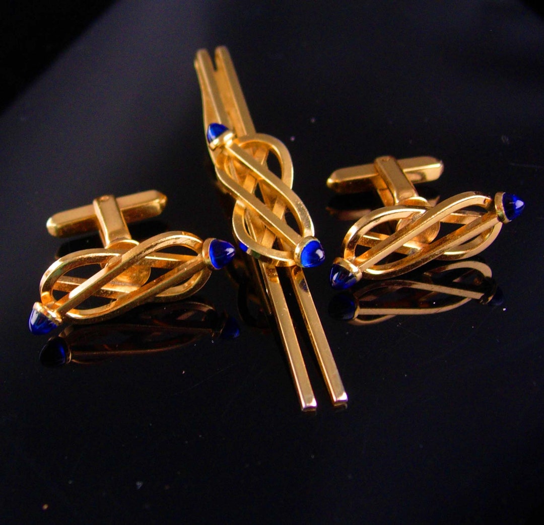 Love Knot Cufflinks / Gold Cufflinks / Vintage Blue Jewel Ends / Tuxedo ...