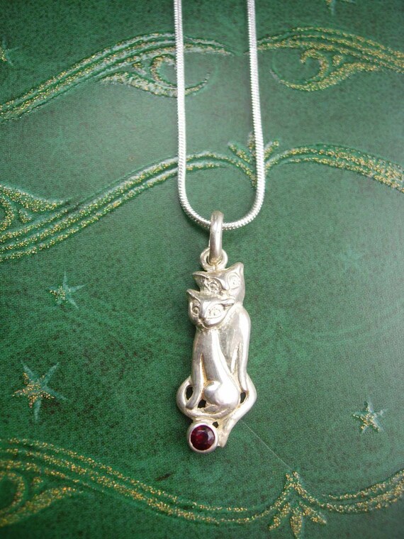 Sterling Siamese Cat Necklace Vintage Silver Cats wit… - Gem