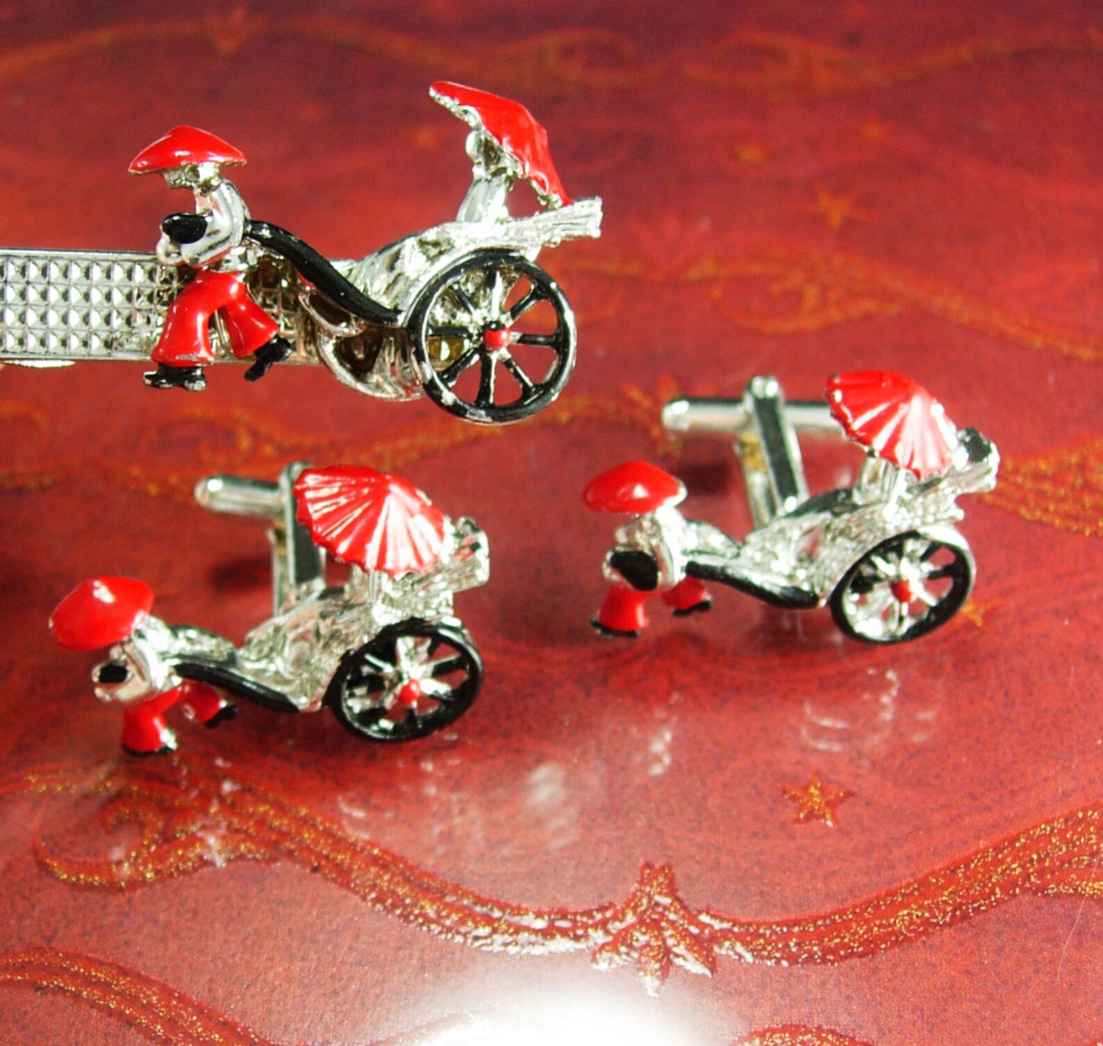 Silver Japan Vintage Cufflinks RICKSHAW Tie Clip Oriental HUGE - Etsy