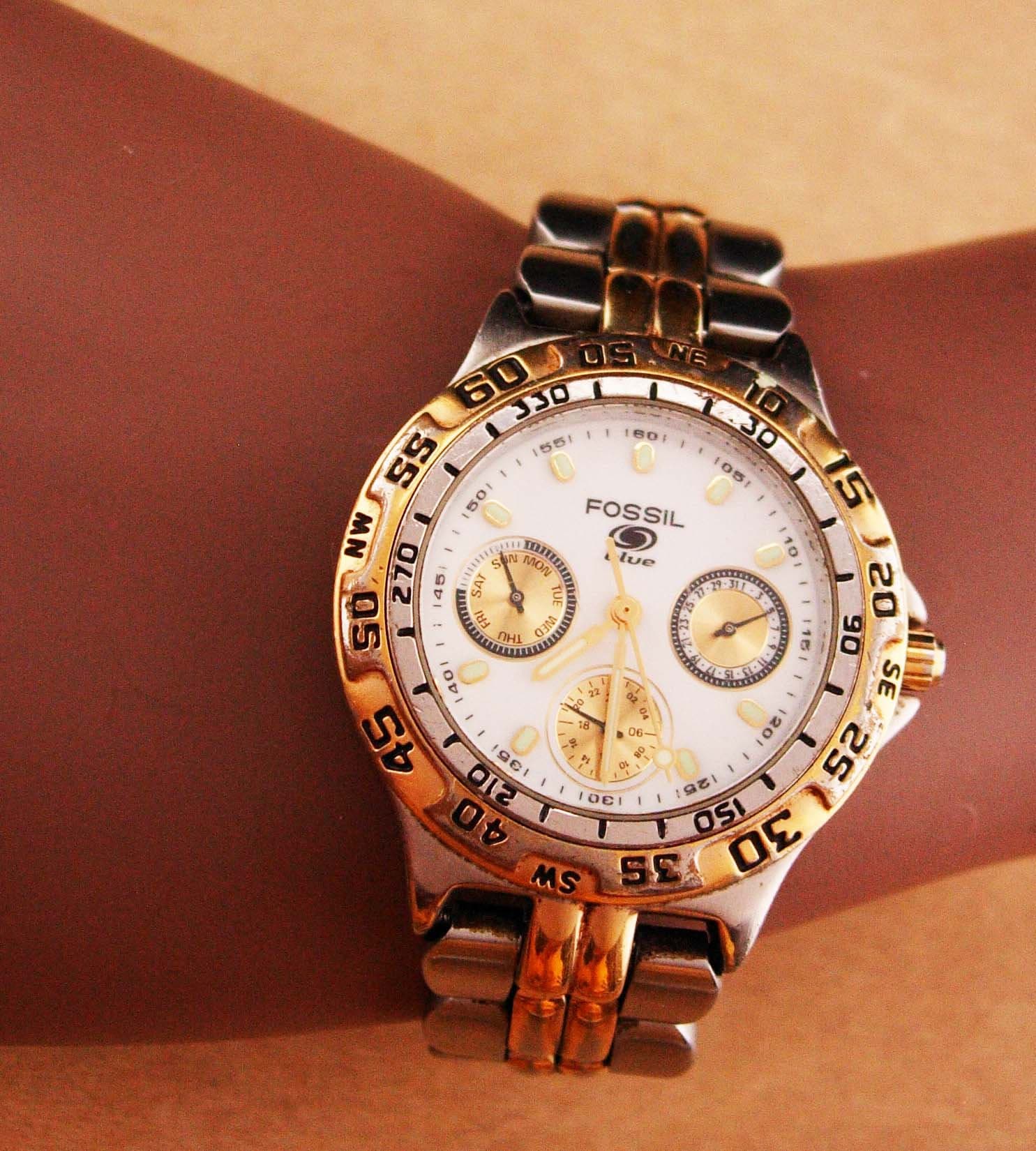Mens Fossil Blue Chronograph Watch / Silver and Gold Plate - Etsy