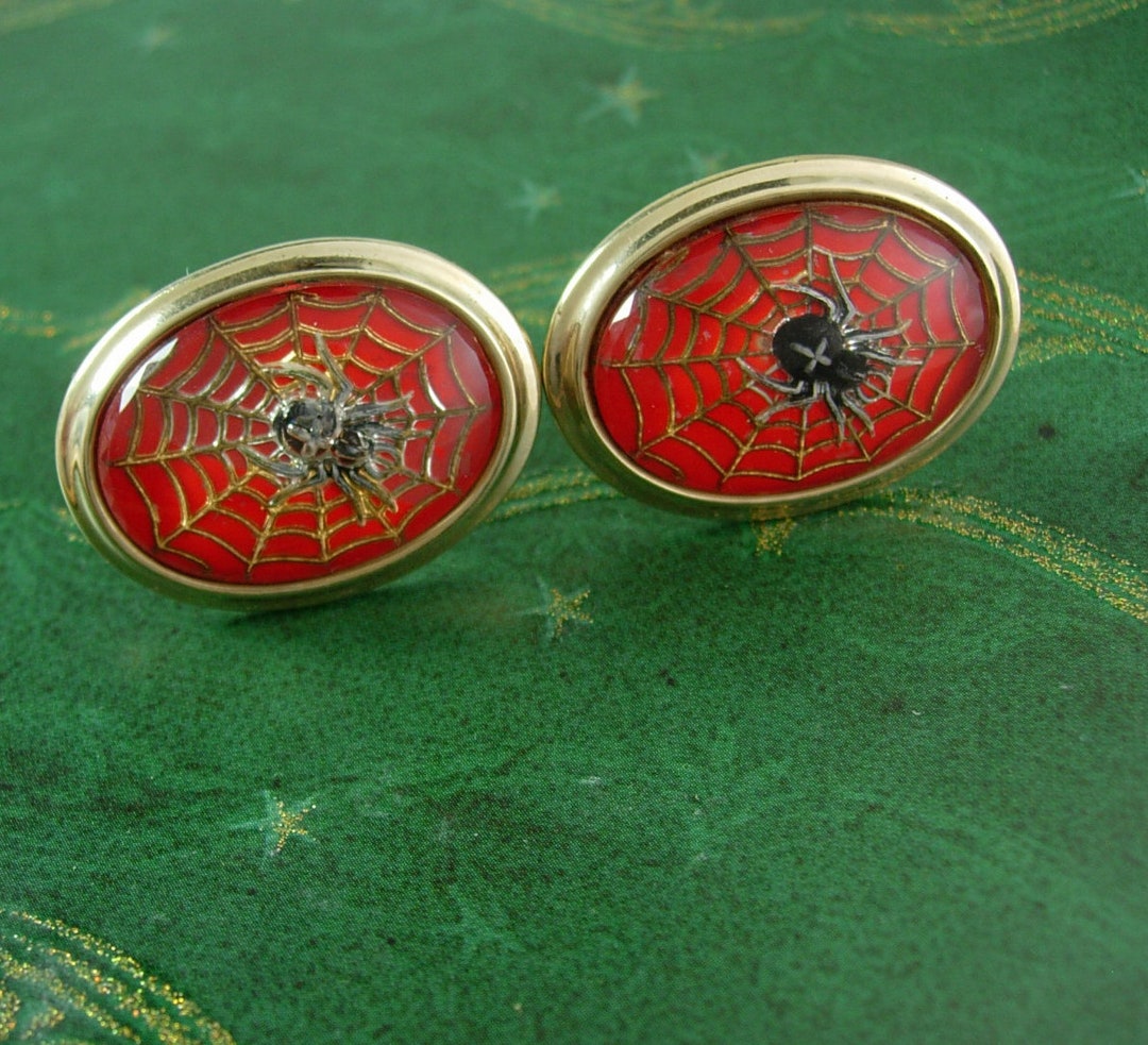 Vintage RED Cufflinks Spider Cufflinks Black Web Spooky Cross Inside ...