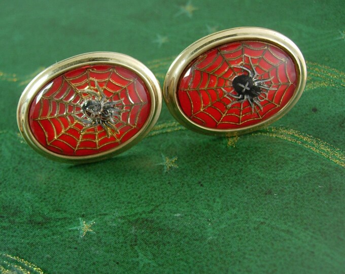 Vintage RED Cufflinks Spider Cufflinks Black Web Spooky Cross Inside ...