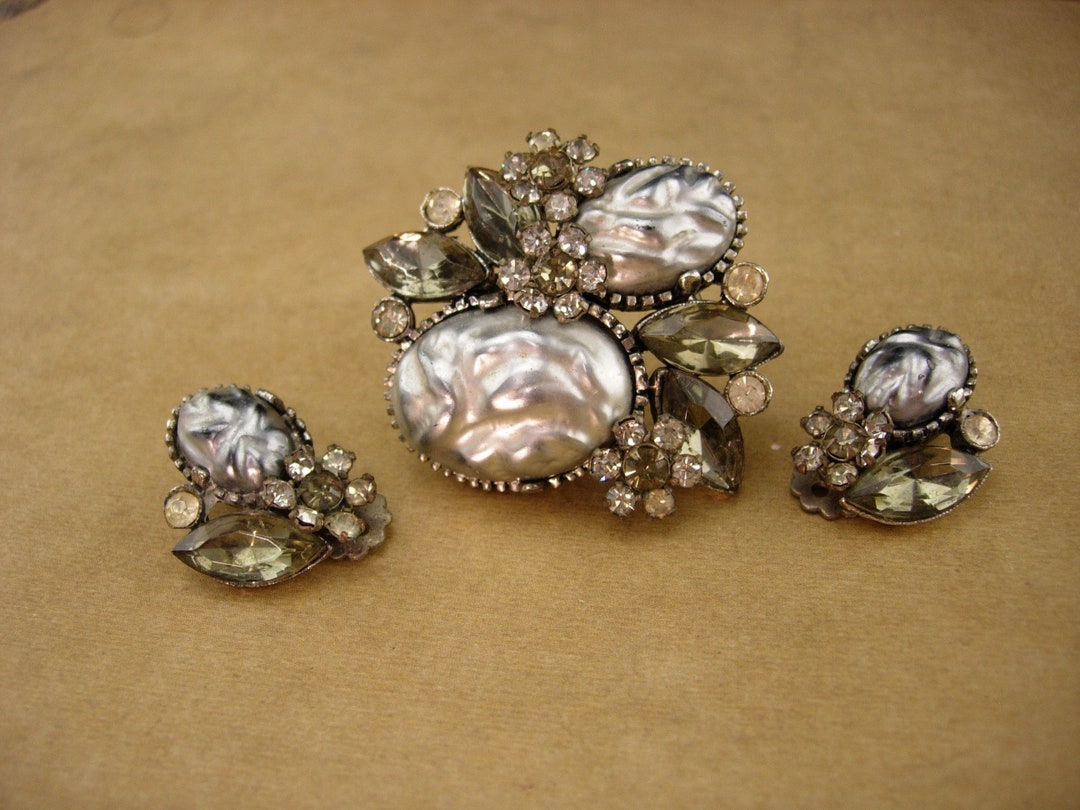 Vintage Baroque Pearl Selini Brooch and Earrings - Topaz Rhinestone ...