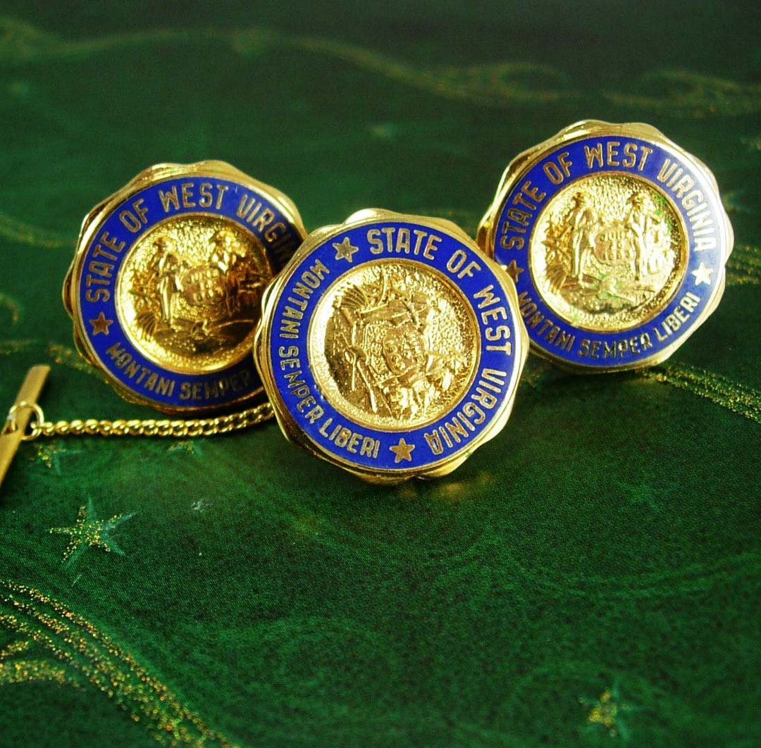 Vintage Virginia Cufflinks Set Original Box Blue Enamel Kinney Tie Tack ...