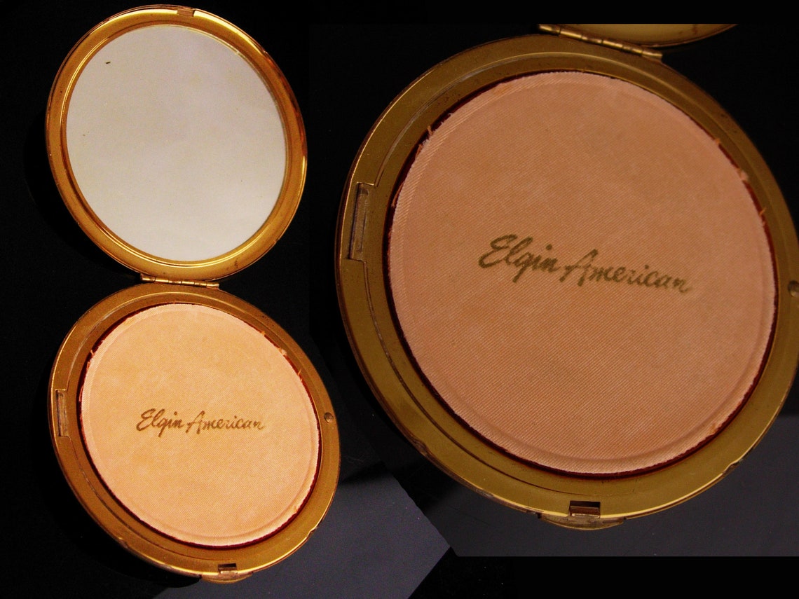 Vintage LARGE Gold Compact/ Elgin American / Etched Flowers / - Etsy