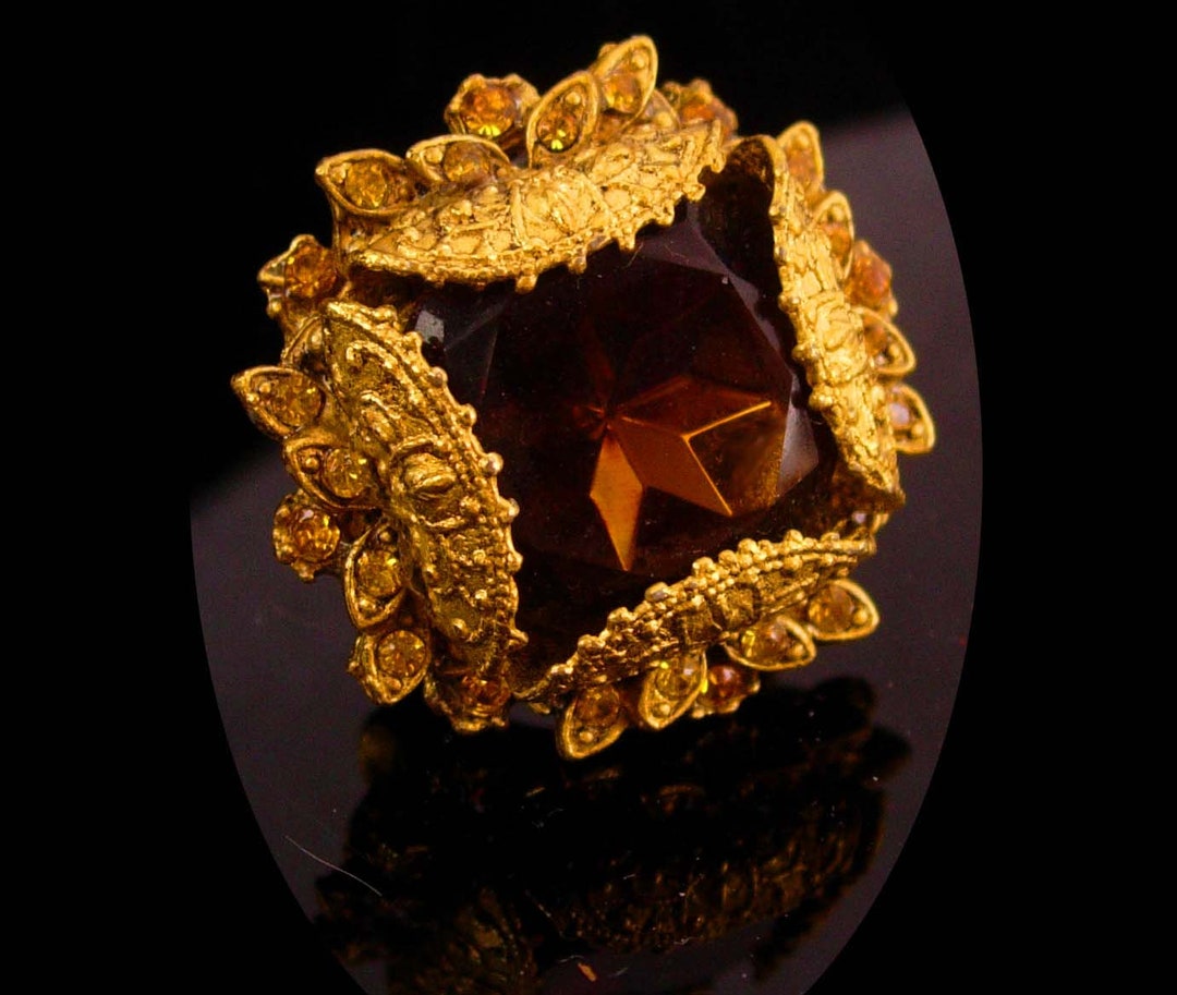 Antique Czech Ring Huge Topaz Glass Ornate Setting Size 5 1/2 6 ...
