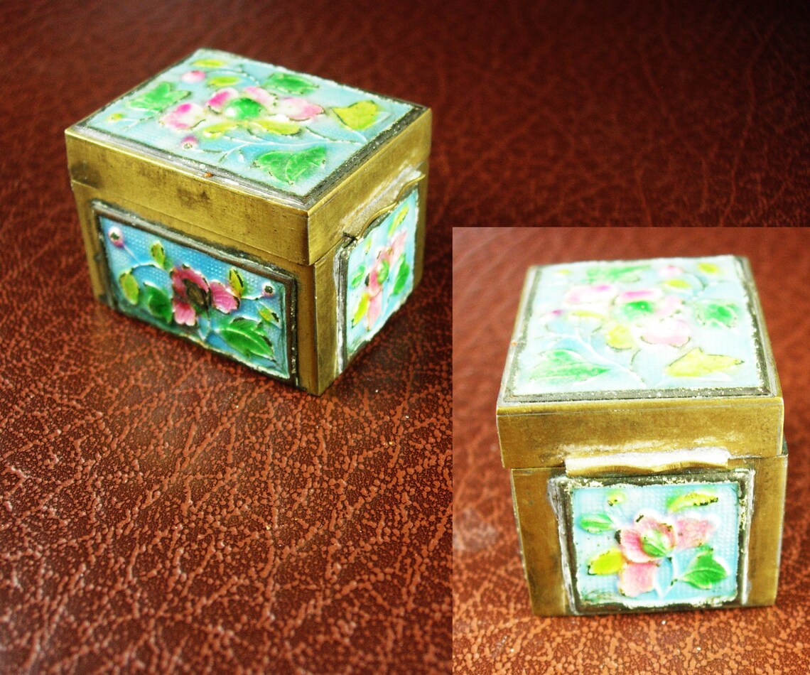 Chinese Enamel Stamp Box Asian Flowers Oriental Lotus Blossom - Etsy