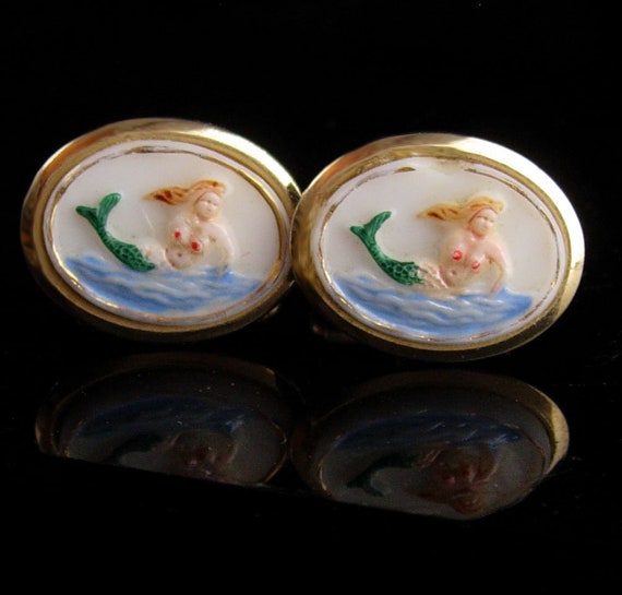 Mermaid Cufflinks Vintage - Nude Sea Goddess - nautic… - Gem