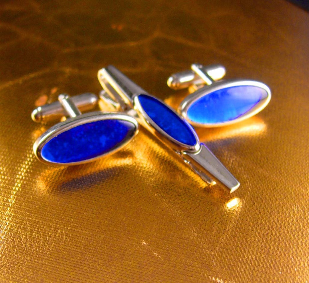 DECO Electric Blue Cufflinks Vintage Tie Clip Set Designer Cuff Links ...