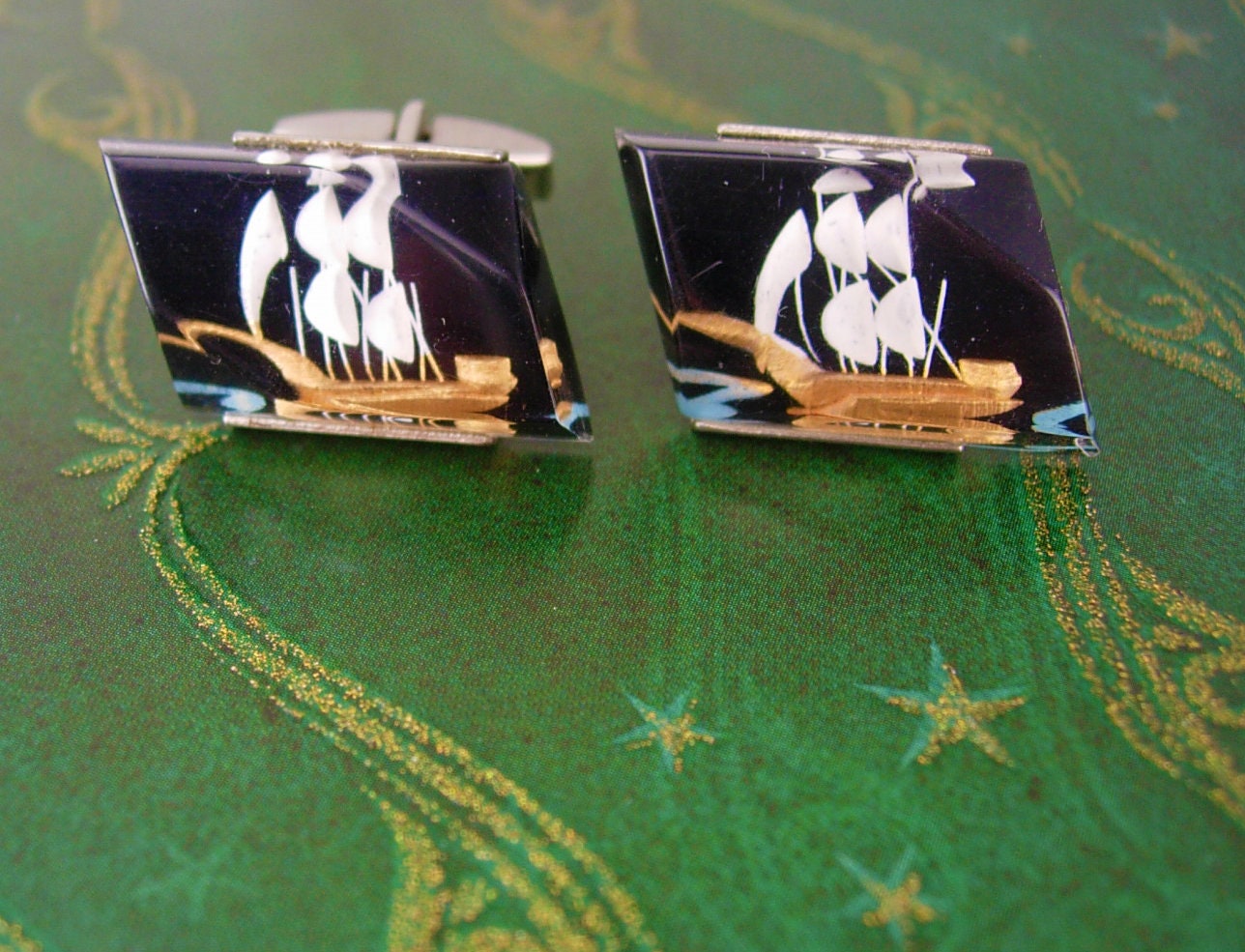 Vintage Ship Cuff links Lucite Reverse Paint Cufflinks Chinese | Etsy