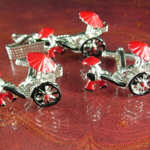 Silver Japan Vintage Cufflinks RICKSHAW Tie Clip Oriental HUGE Set Red ...