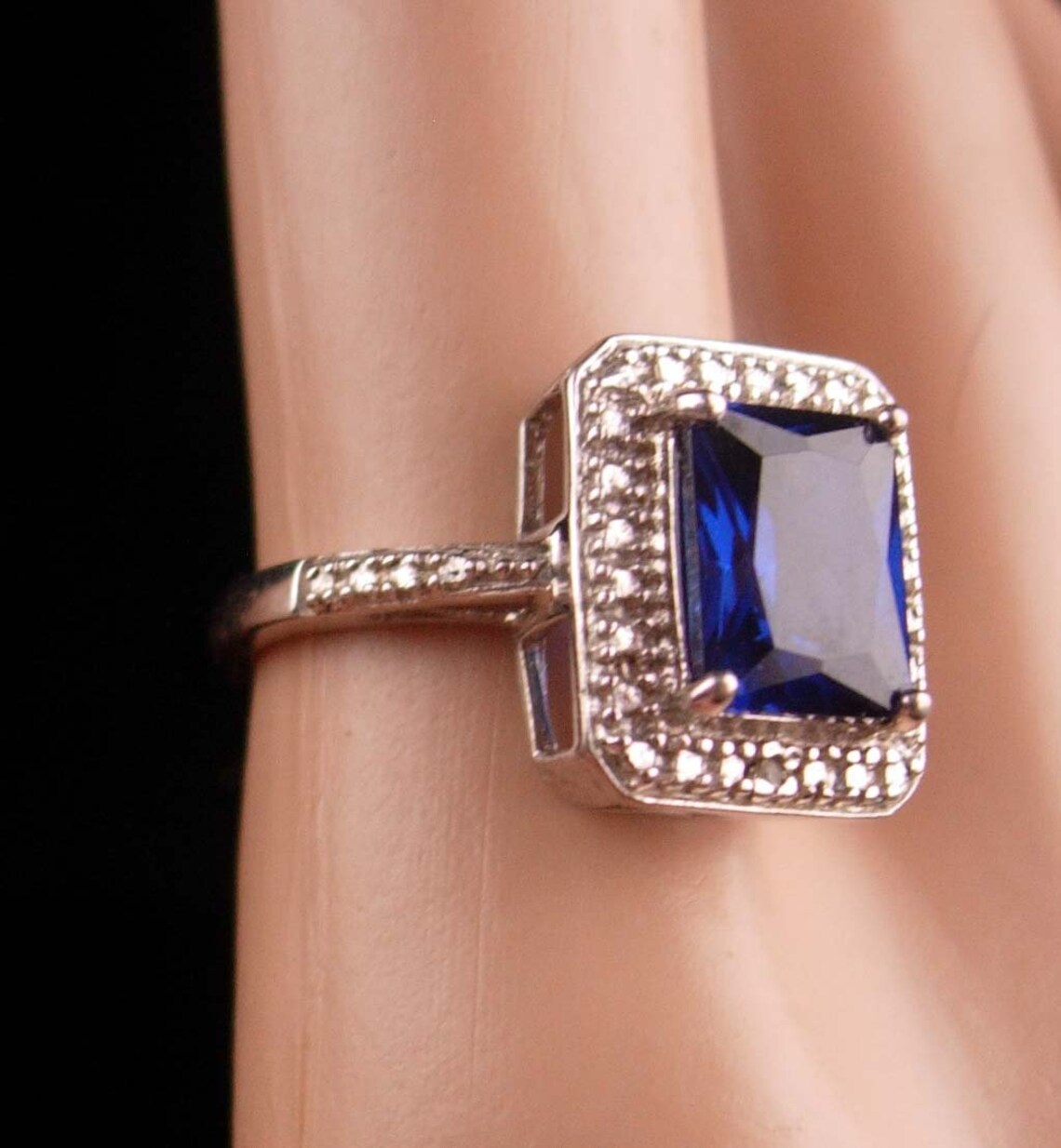 Vintage Sterling Engagement Ring HUGE Blue Solitaire Stone | Etsy