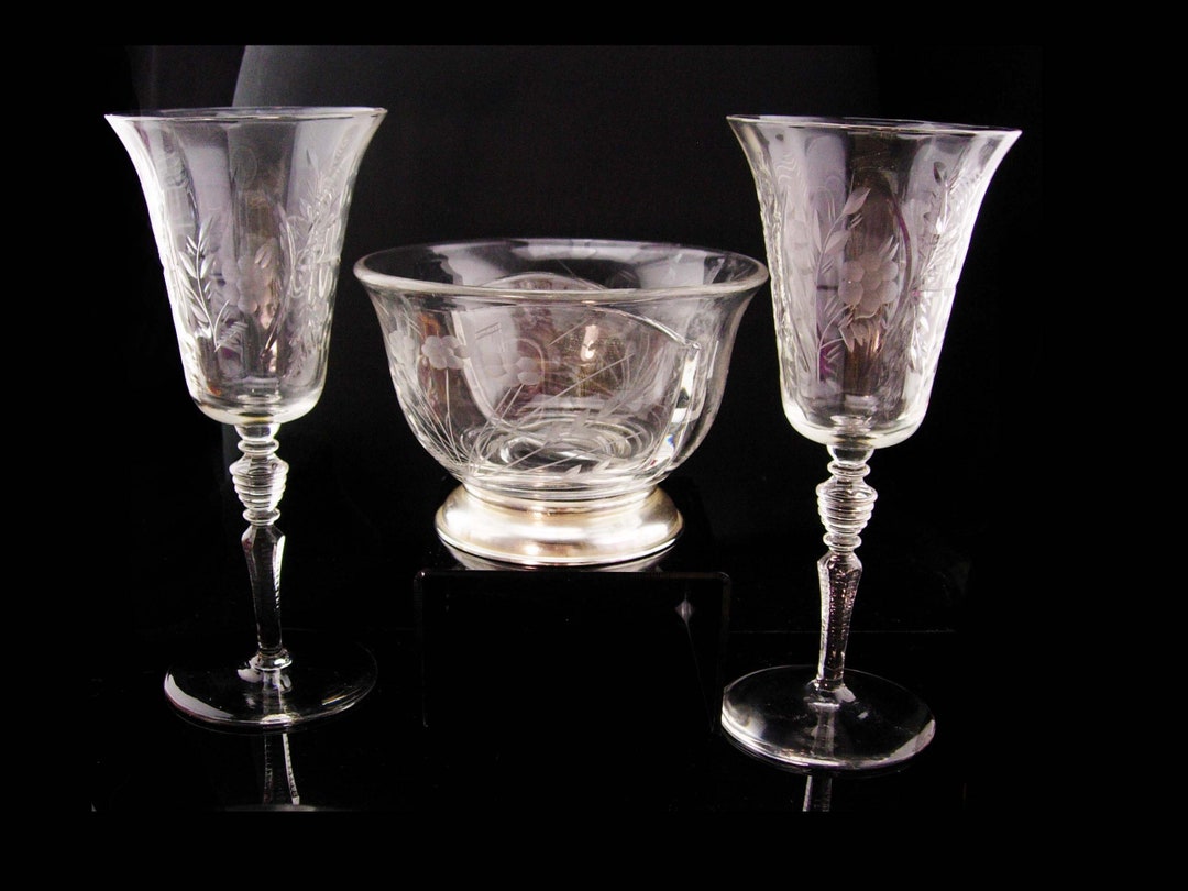2 Etched Glass Wedding Stemware Goblets Vintage Sterling Divided ...
