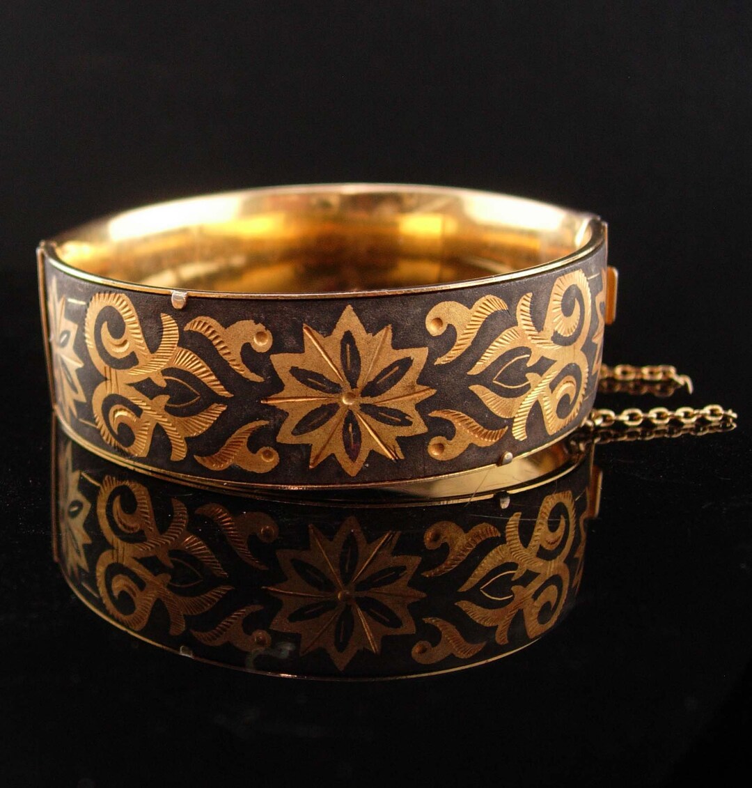 Victorian Mourning Bracelet - Hollow Hinged Vintage Bangle - Damascene ...