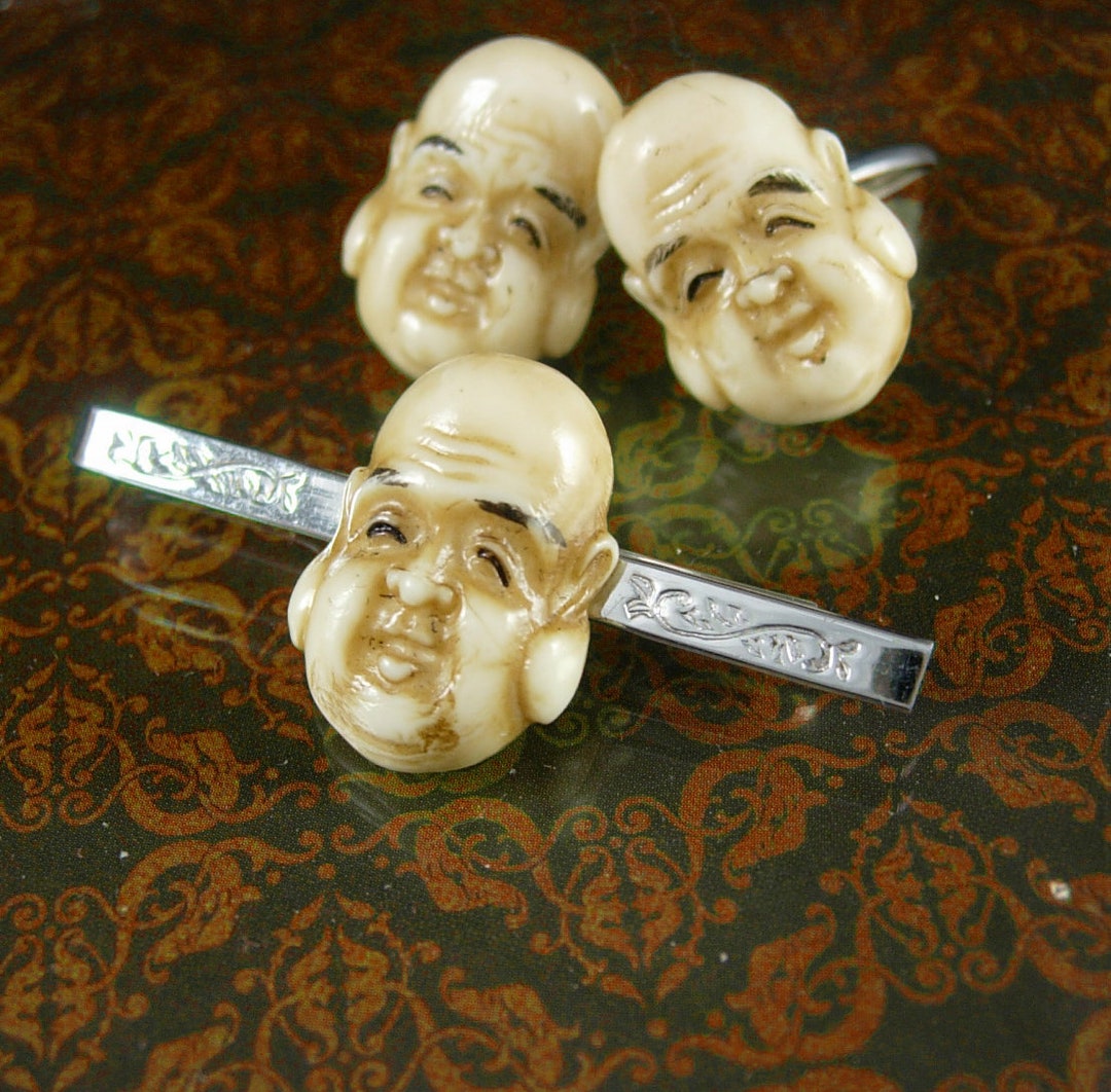 Chinese Buddha Cufflinks Tie Clip Vintage Celluloid Siddhartha Gautama ...