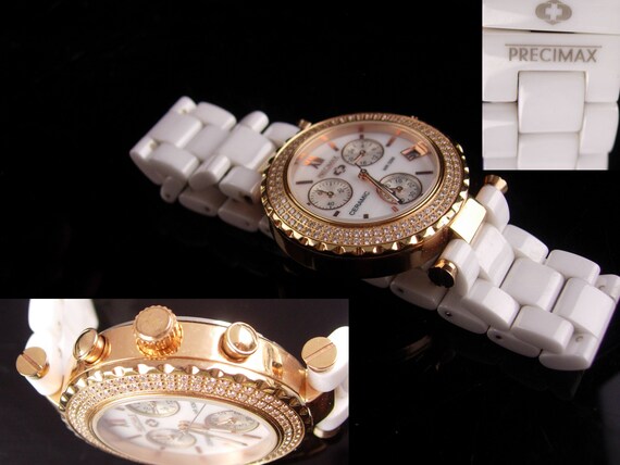 Swiss PRECIMAX white enamel band - chronograph Cerami… - Gem