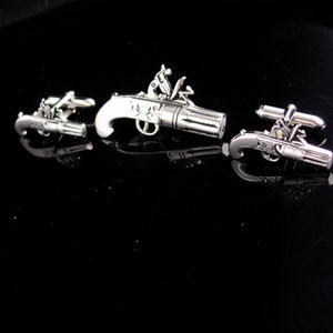 Dueling Pistol Cufflinks Antique Victorian Style Faux Gun Tie Clip Men ...