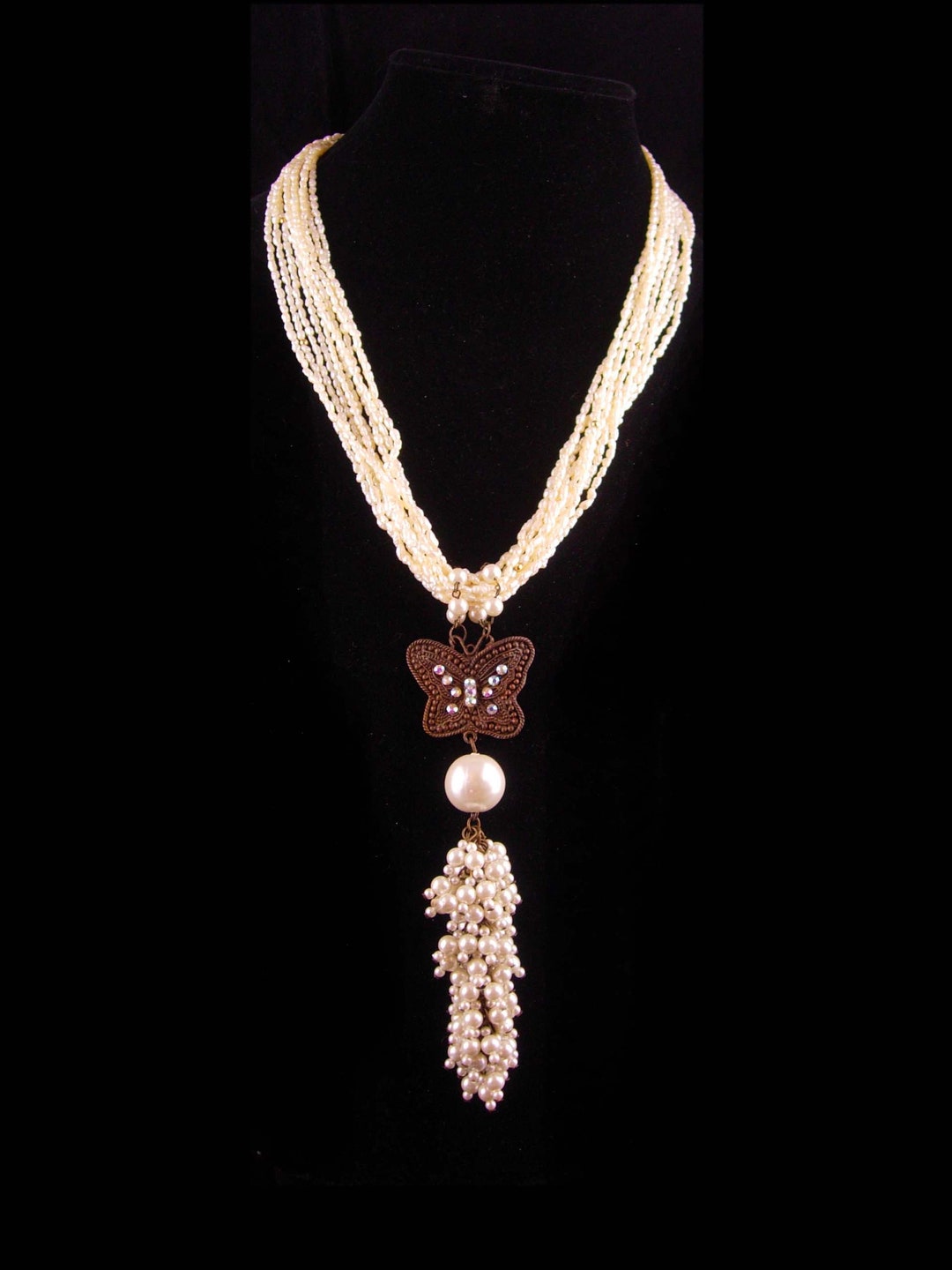 Vintage Flapper Pearl Necklace 6 Rhinestone Butterfly Pendant 22 Long ...