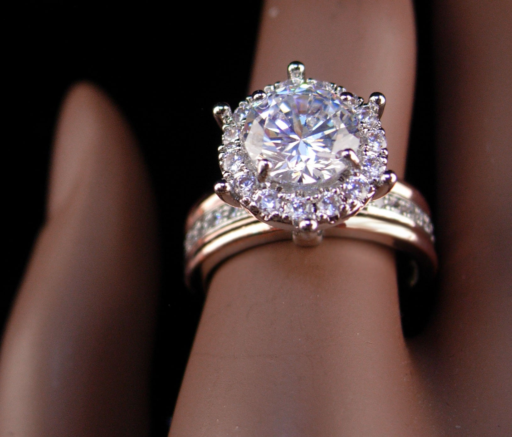 Solitaire Engagement Ring HUGE Flashy CZ Diamond rose gold | Etsy