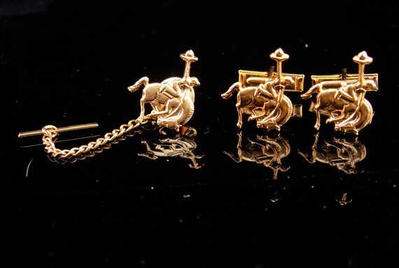 Cowboy cufflinks / vintage rodeo rider tie tack / gol… - Gem