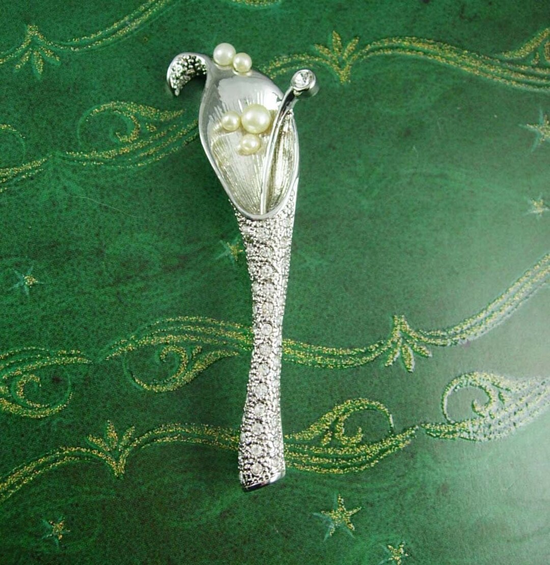 Vintage Bridal Tussie Mussie Peace Lily Brooch Pearl Center Rhinestone ...
