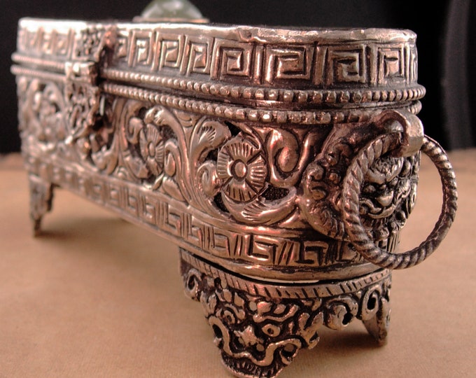 Large Gothic Box / Foo Dog Jewelry Casket / Silver Footed Jewelry Case ...