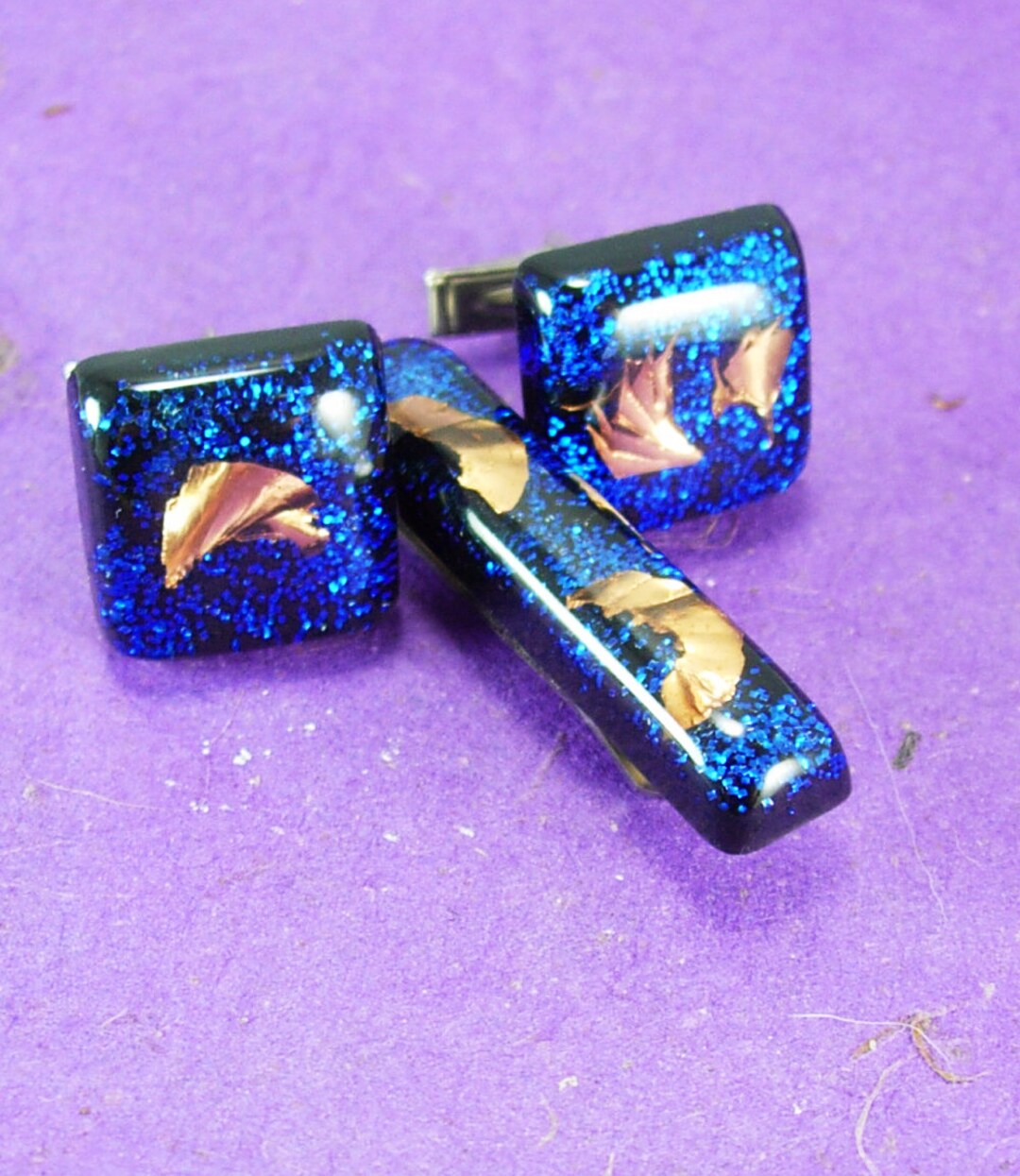 Unusual Blue Sparkle Cufflinks Tie Clip Confetti Lucite Silver Cuff ...