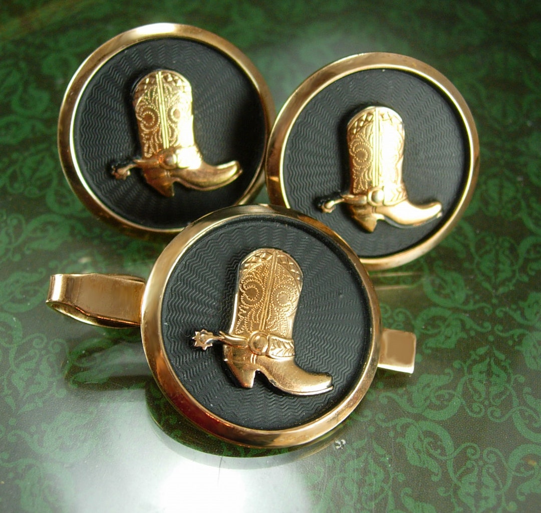 LARGE Western Cuff Links Tie Clip Cowboy Boot Vintage Golden Spurs ...