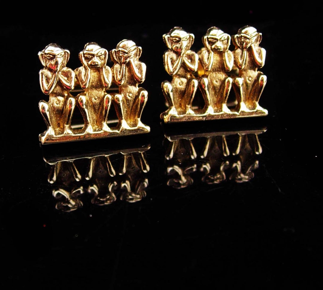 Monkey Cufflinks / See Speak Hear NO EVIL / Vintage Golden Shields ...
