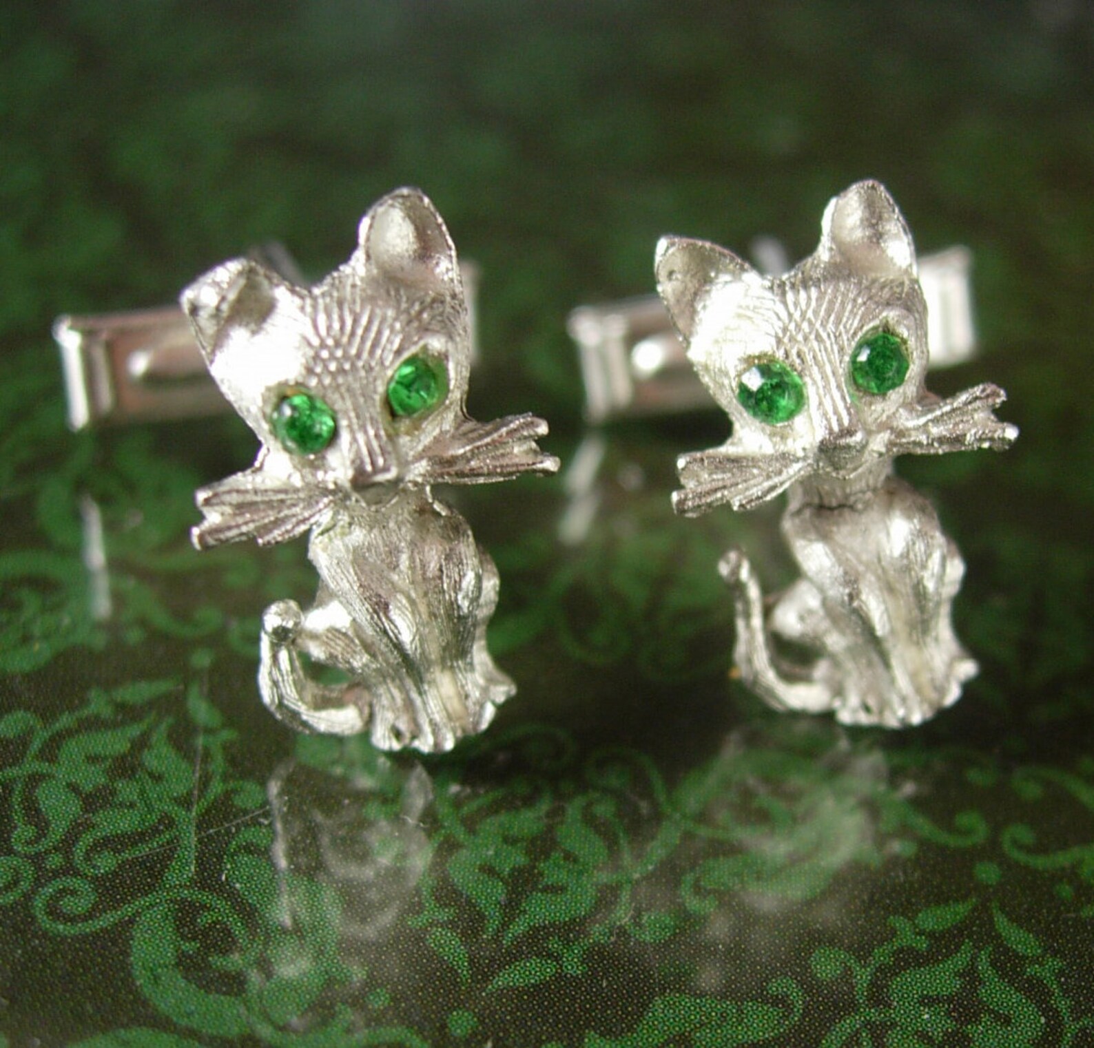 Exotic Cat Cufflinks Silver Green Rhinestone Eyes Vintage | Etsy