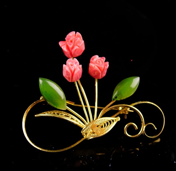 Vintage jade flower brooch - Japanese oriental style … - Gem