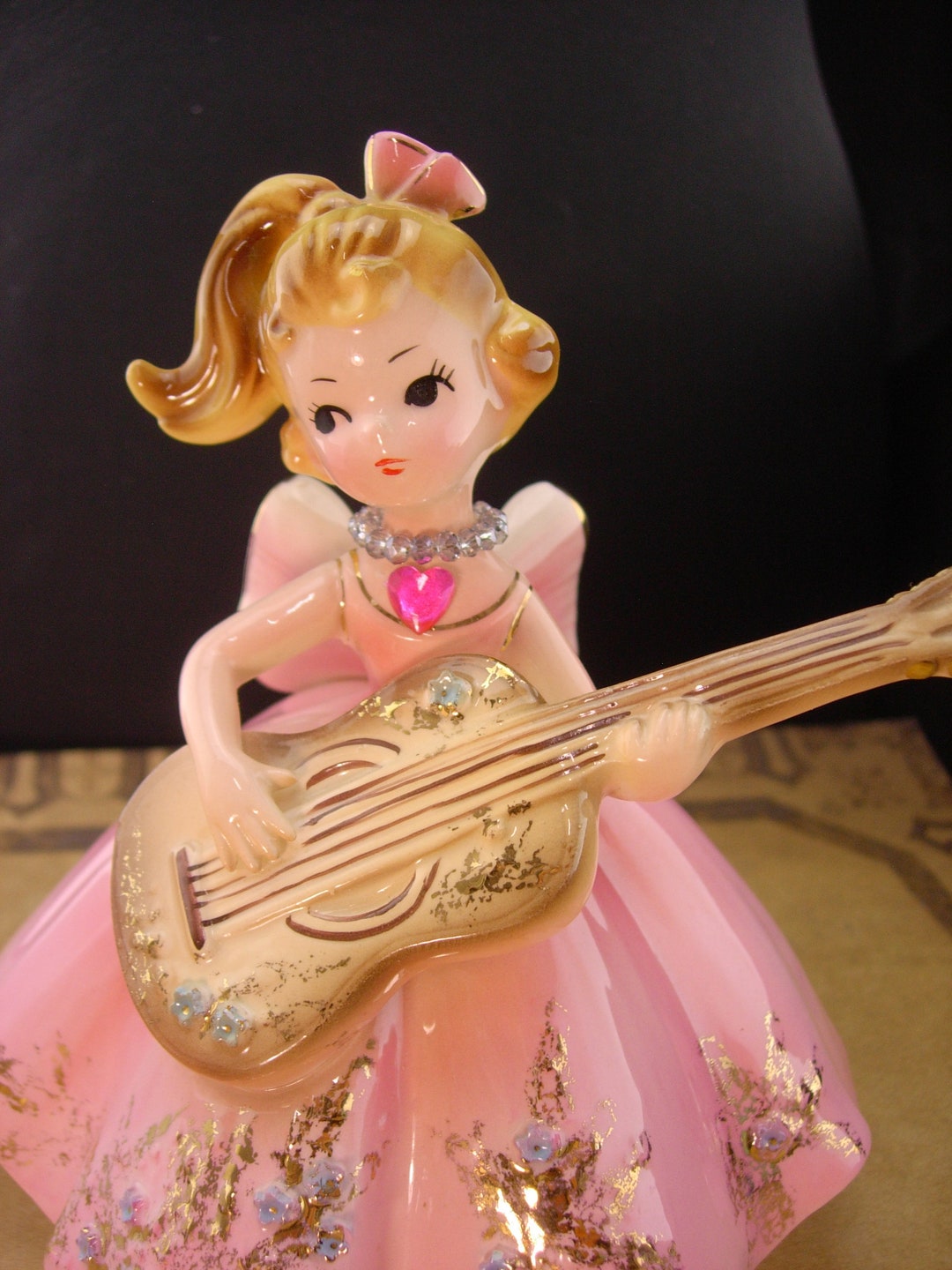 Vintage September Birthday Figurine Guitar and Pink Flowers Birthday ...