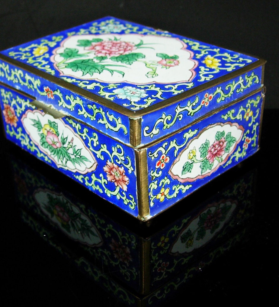 Chinese Enamel Box Asian flowers Oriental lotus blossom large | Etsy