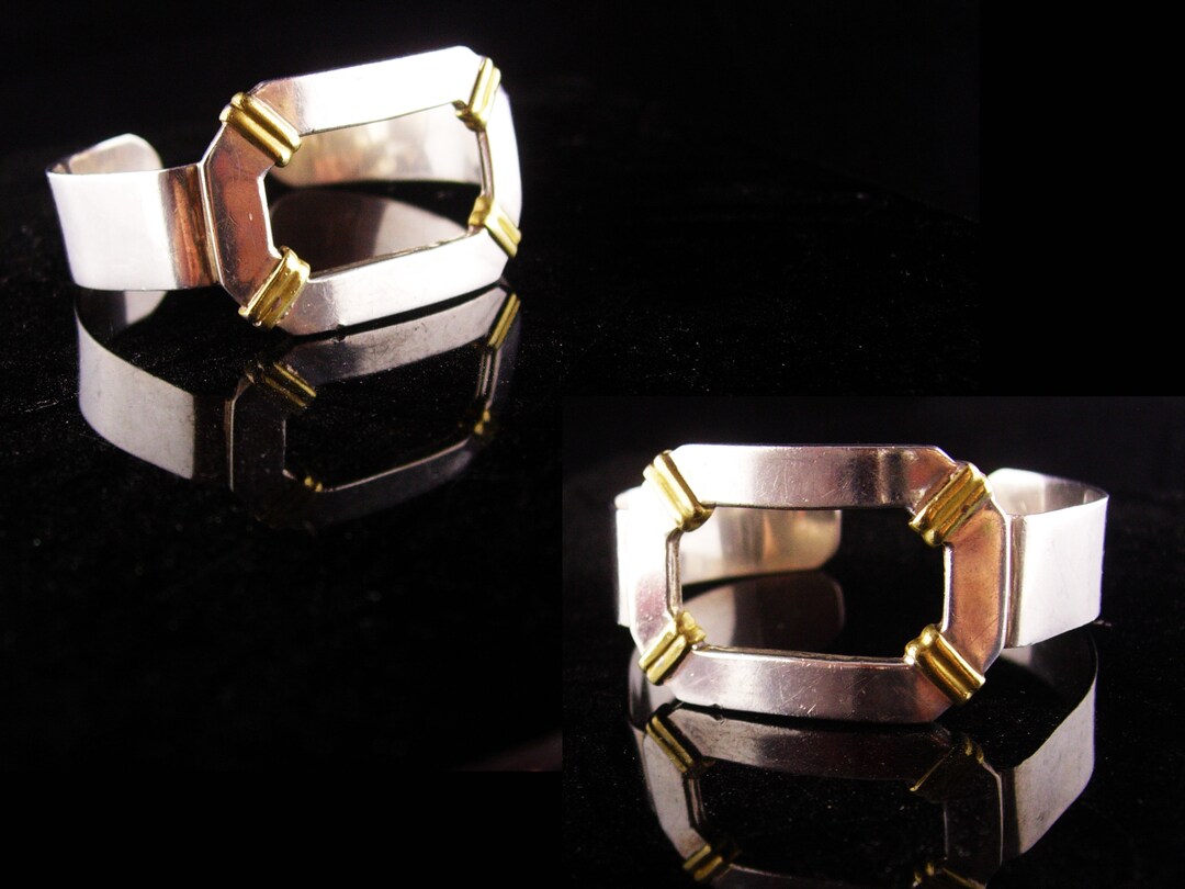 Sterling Large Cuff Gideon Silver Buckle Bracelet Wide With Gold Relief ...