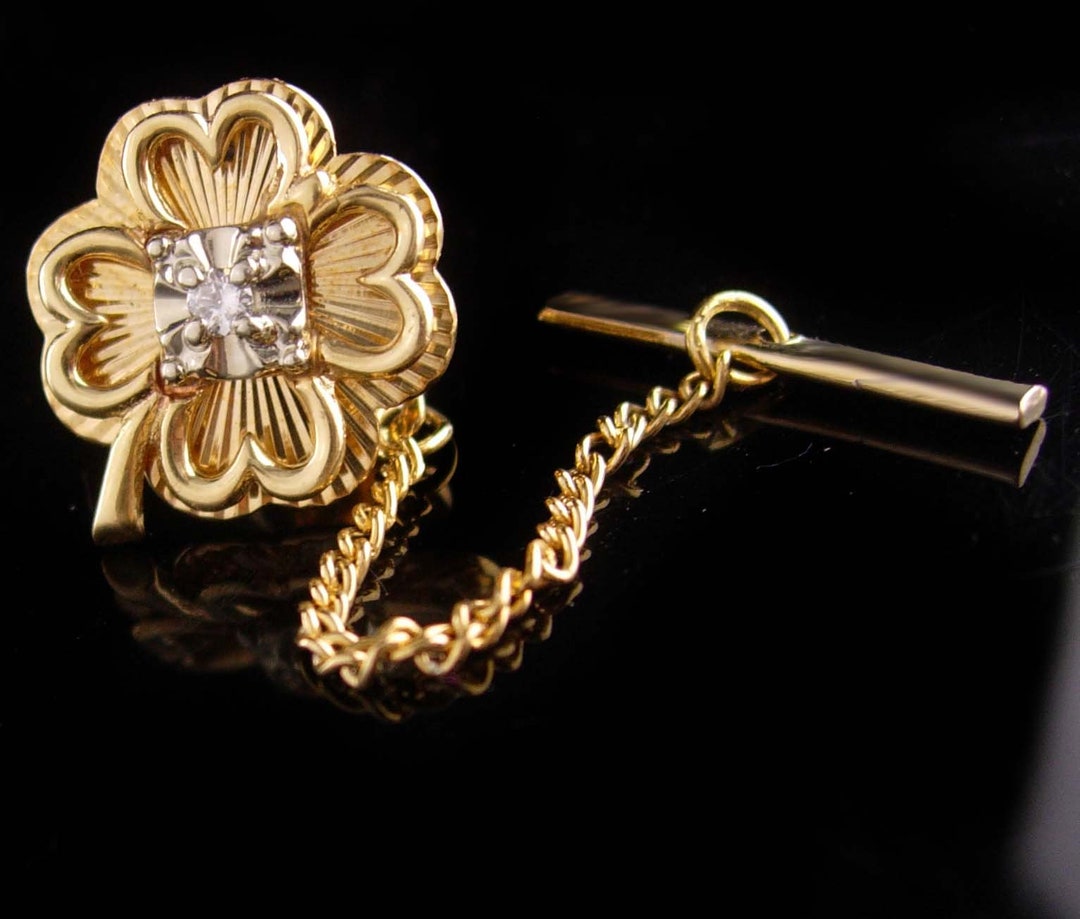 Vintage Diamond Tie Tack - 14k Gold Lucky Clover - Irish Sweetheart ...
