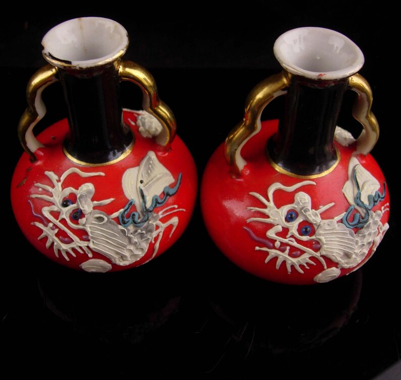 Antique Red Dragon Vases Japanese Moriage Dragonware Set | Etsy