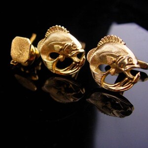 Vintage Fish Cufflinks / Golden Bass Set / Bonus Tie Tack / Trout ...