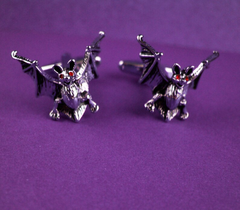 Spooky Bat Cufflinks Vintage Figural Set Silver Red Eye - Etsy