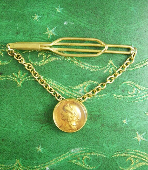 Antique coin tie clip Vintage glass fob Tie Clip with Chain | Etsy