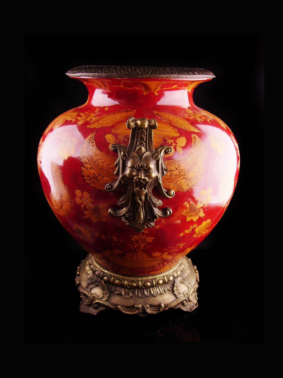 HUGE Gargoyle Urn Antique Style HEAVY Pottery Vase Brass Jardiniere ...