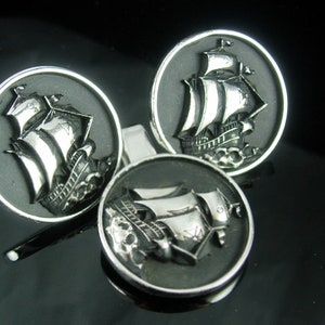 Vintage Pirate Ship Cufflinks & Tie Clip HUGE Silver - Etsy