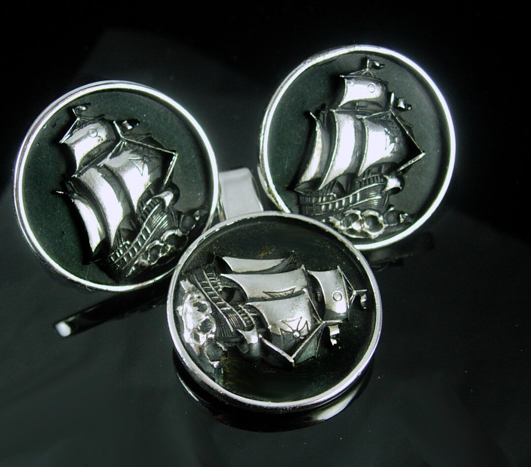 Vintage Pirate Ship Cufflinks & Tie Clip HUGE Silver Gasparilla Yacht ...