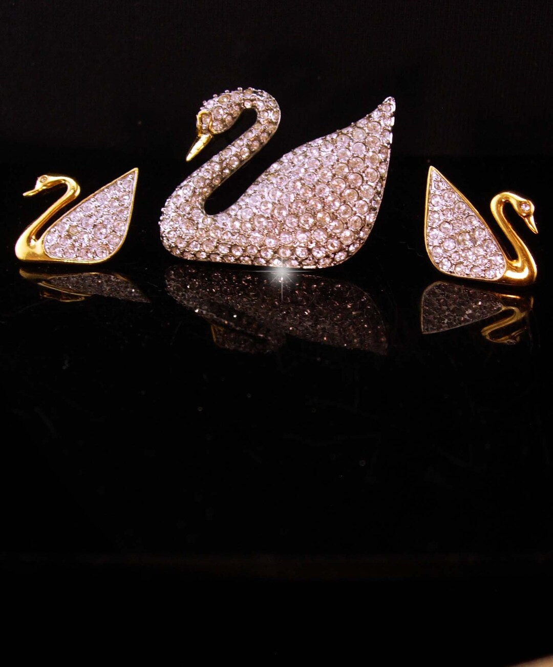 Genuine Swarowski Set - Rhinestone Swan Brooch - Pierced Earrings ...