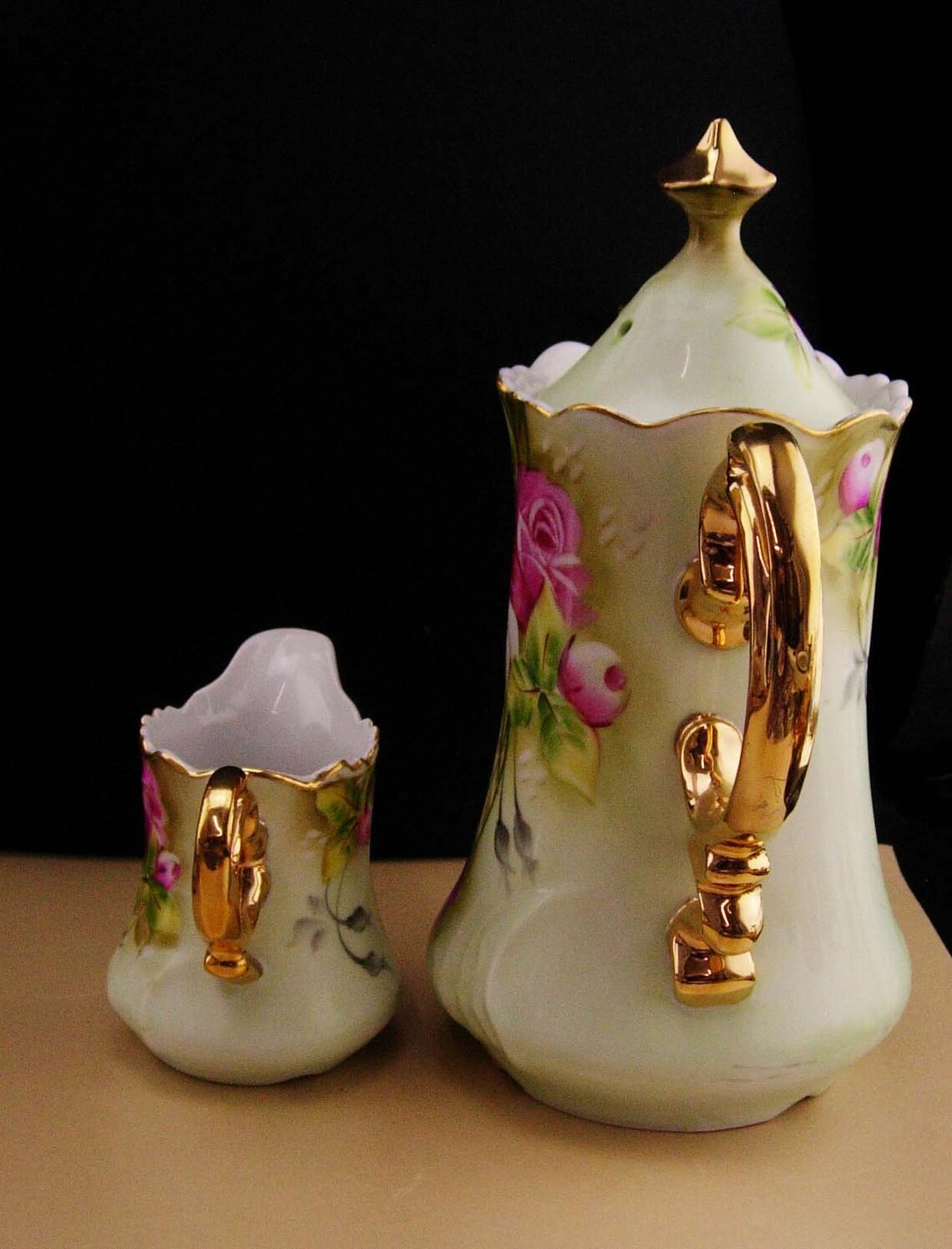 Vintage Lefton Teapot & Creamer Porcelain Green and Pink - Etsy