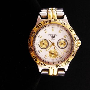 Mens Fossil Blue Chronograph Watch / Silver and Gold Plate Band Unisex ...
