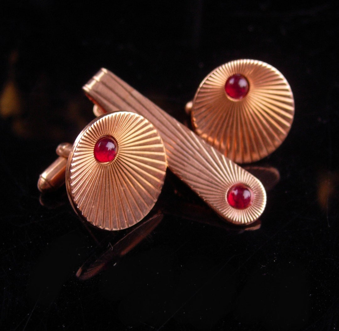 Red Jewel Cufflinks -rose Gold Plate Tie Clip Set - Vintage Sunburst ...