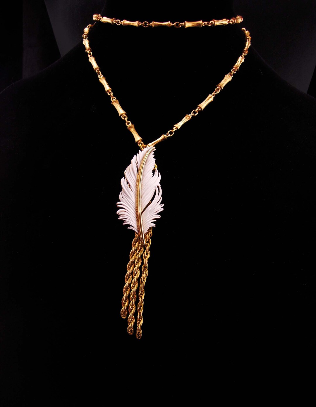 Vintage Napier Necklace Feather Enamel Brooch - Indian Golden Tassels ...