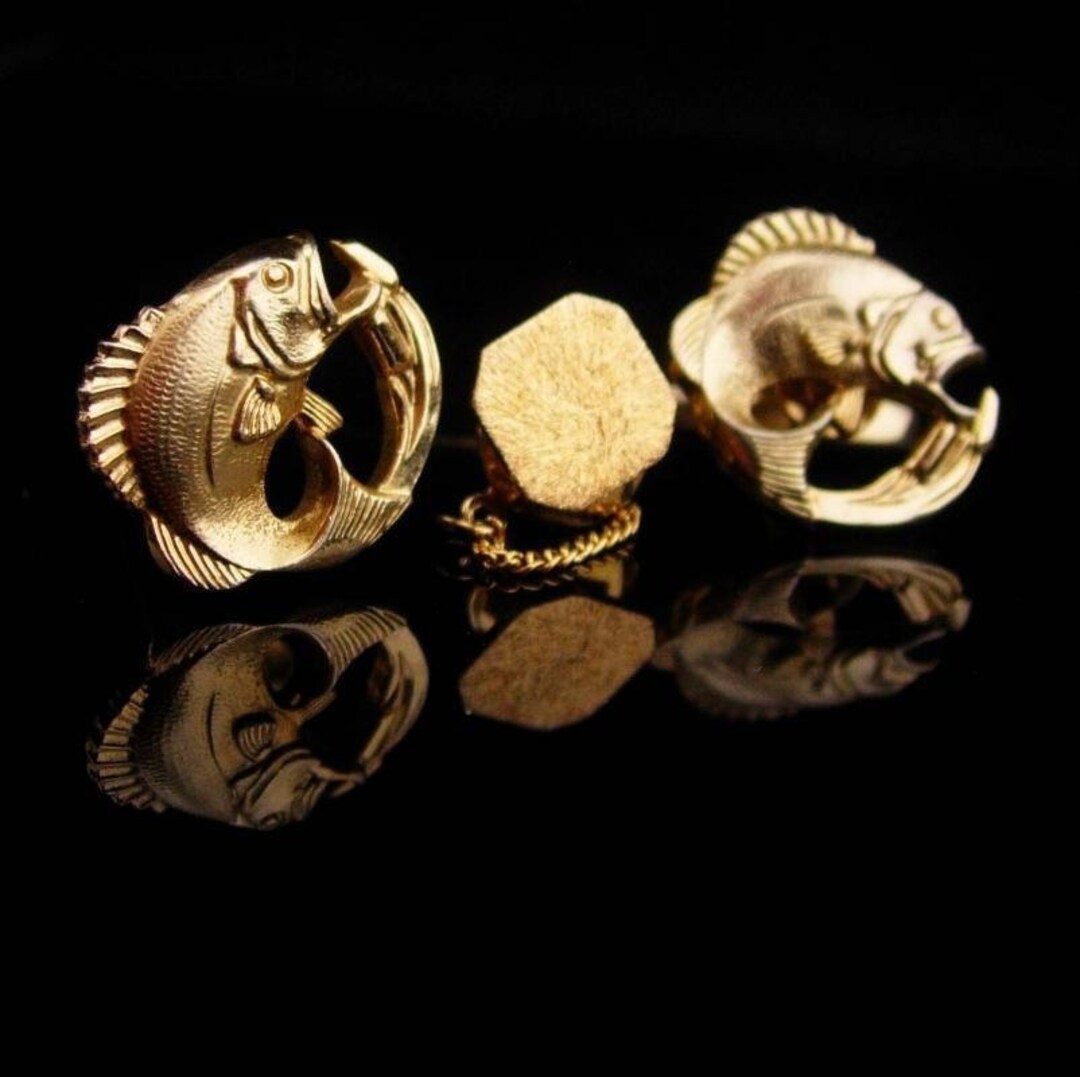 Vintage Fish Cufflinks / Golden Bass Set / Bonus Tie Tack / Trout ...