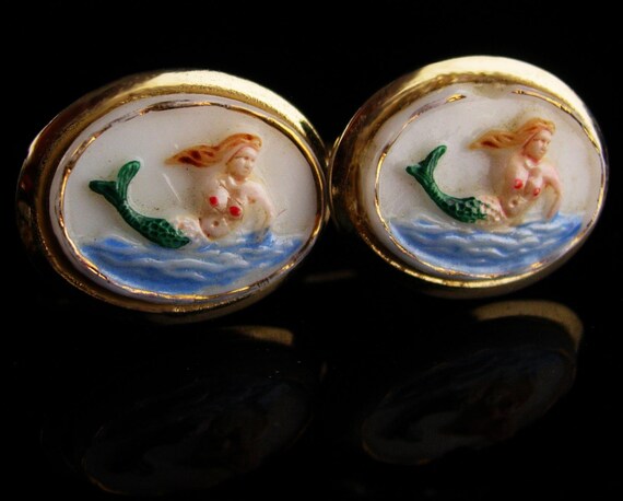 Mermaid Cufflinks Vintage - Nude Sea Goddess - nautic… - Gem